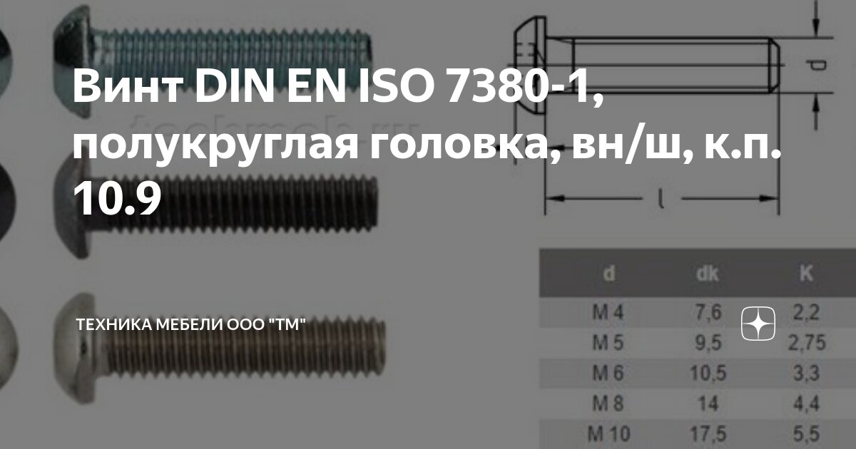 Винт DIN EN ISO 7380-1, полукруглая головка, вн/ш, к.п. 10.9 | Техника мебели ООО "ТМ" | Дзен