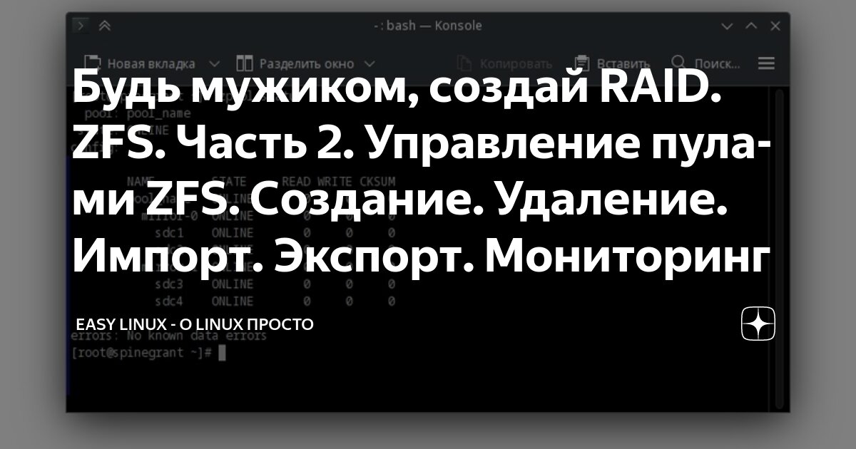 Будь мужиком, создай RAID. ZFS. Часть 2. Управление пулами ZFS. Создание. Удаление. Импорт ...