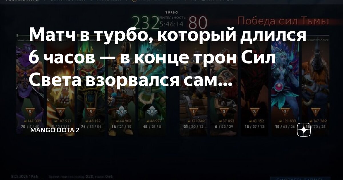 Матч в турбо, который длился 6 часов — в конце трон Сил Света взорвался сам… | MANGO DOTA 2 | Дзен