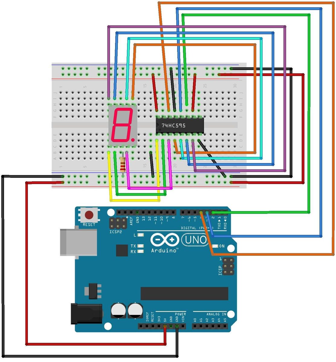 Подключение сдвигового регистра 74HC595 к светодиодному индикатору на ...