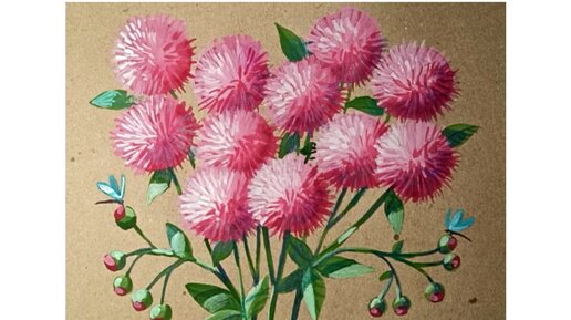 🌺🍀🌺🍀🌺Круглые пушистые цветочки, нарисованные гуашью при помощи кисти ...