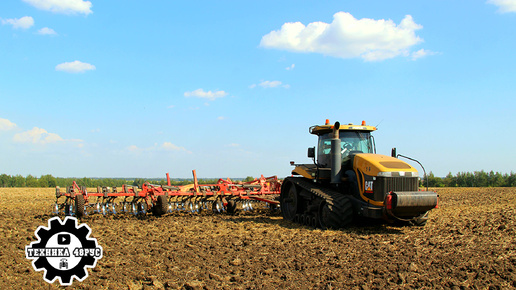 Трактор Challenger MT865 - мощный гусеничный жёлтый. В работе с 18-метровым культиватором Horsch ...