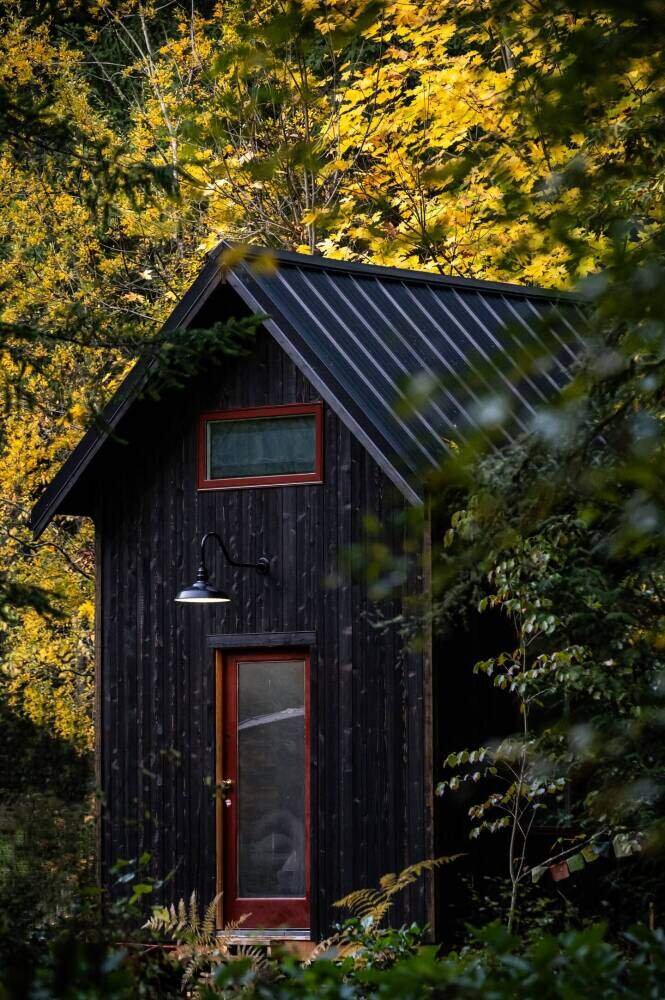 Крохотный каркасный дом в лесу: обожженные фасады, мини-кухня ...