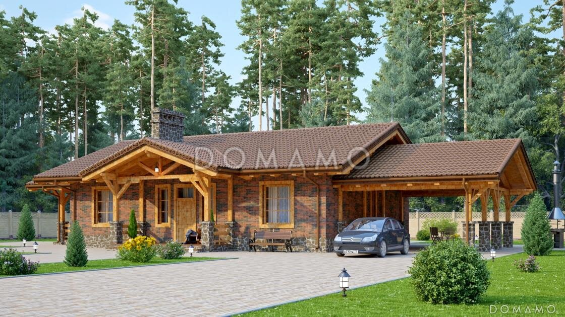 Проект одноэтажного дома с навесом для машины, 3 спальнями и террасой ...